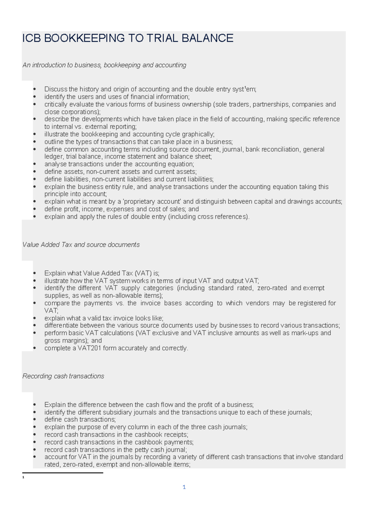 ICB Breakdown - Bookkeeping - ICB BOOKKEEPING TO TRIAL BALANCE An ...