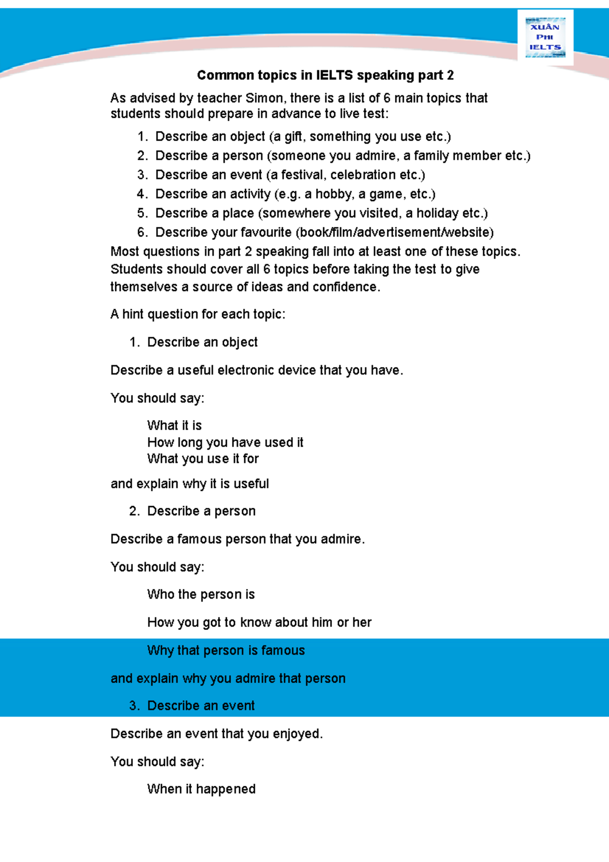 Simon Topics - Speaking explanation - Common topics in IELTS speaking ...