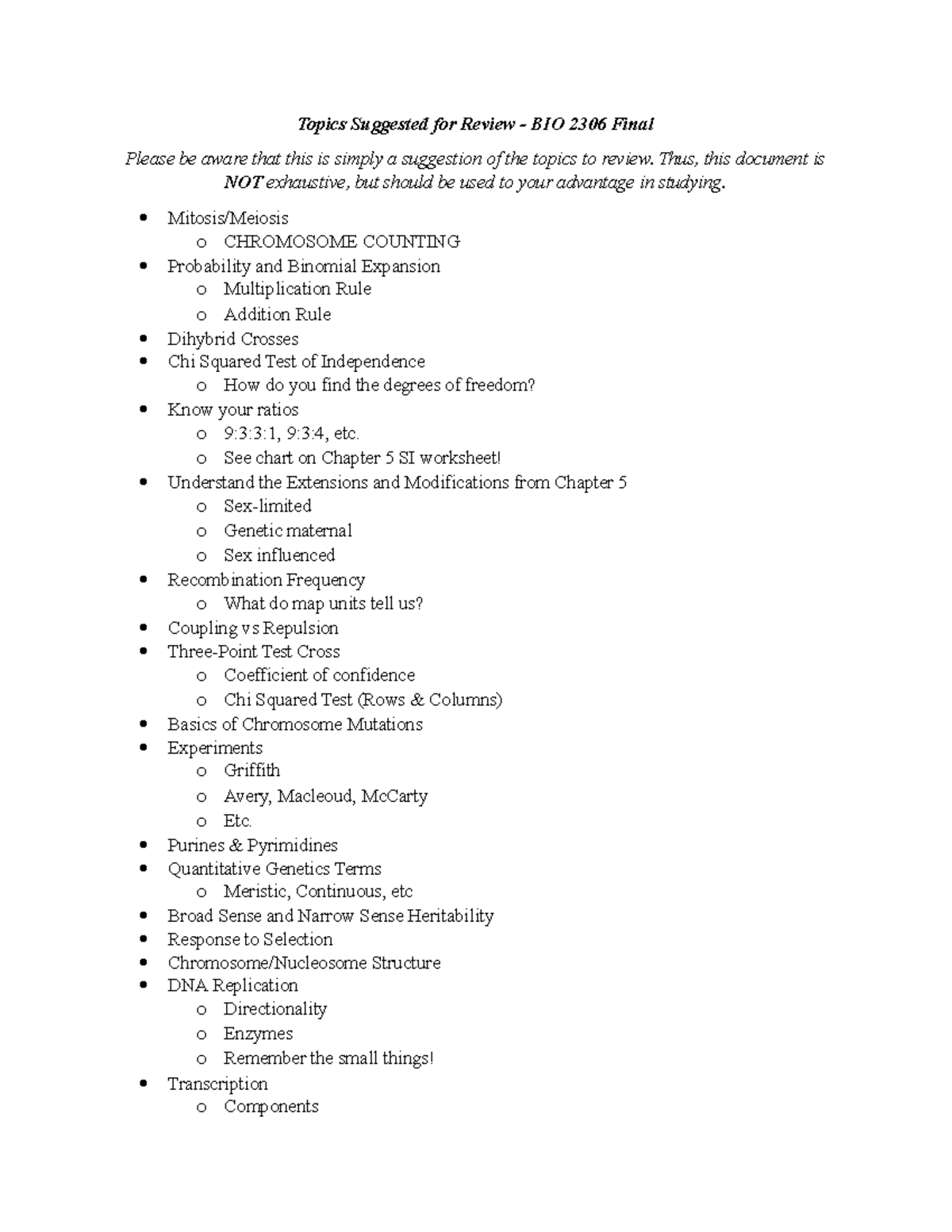 Final Review - Topics Suggested for Review - BIO 2306 Final Please be ...