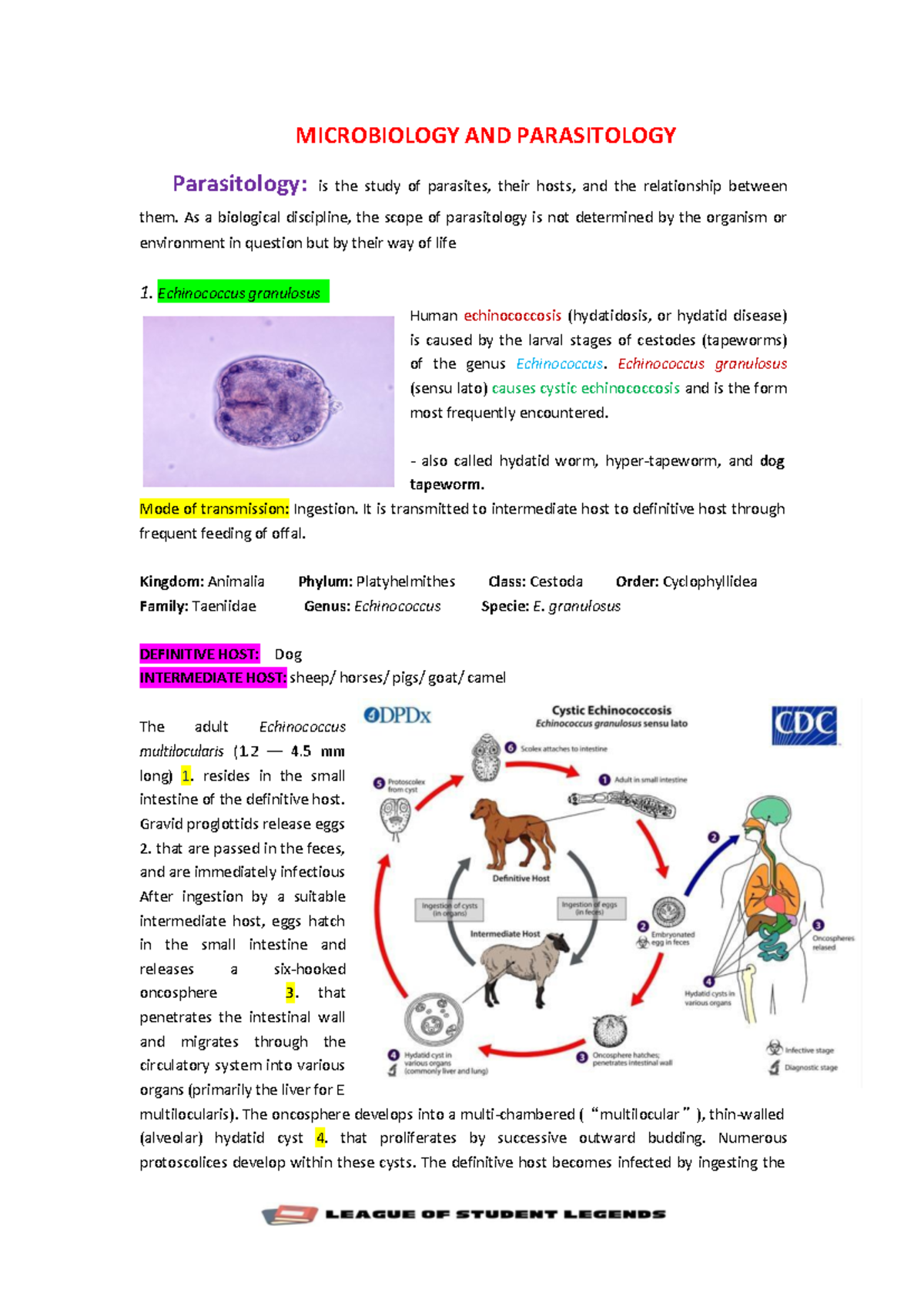 Microbiology and Parasitology - MICROBIOLOGY AND PARASITOLOGY Parasitology: is the study of ...