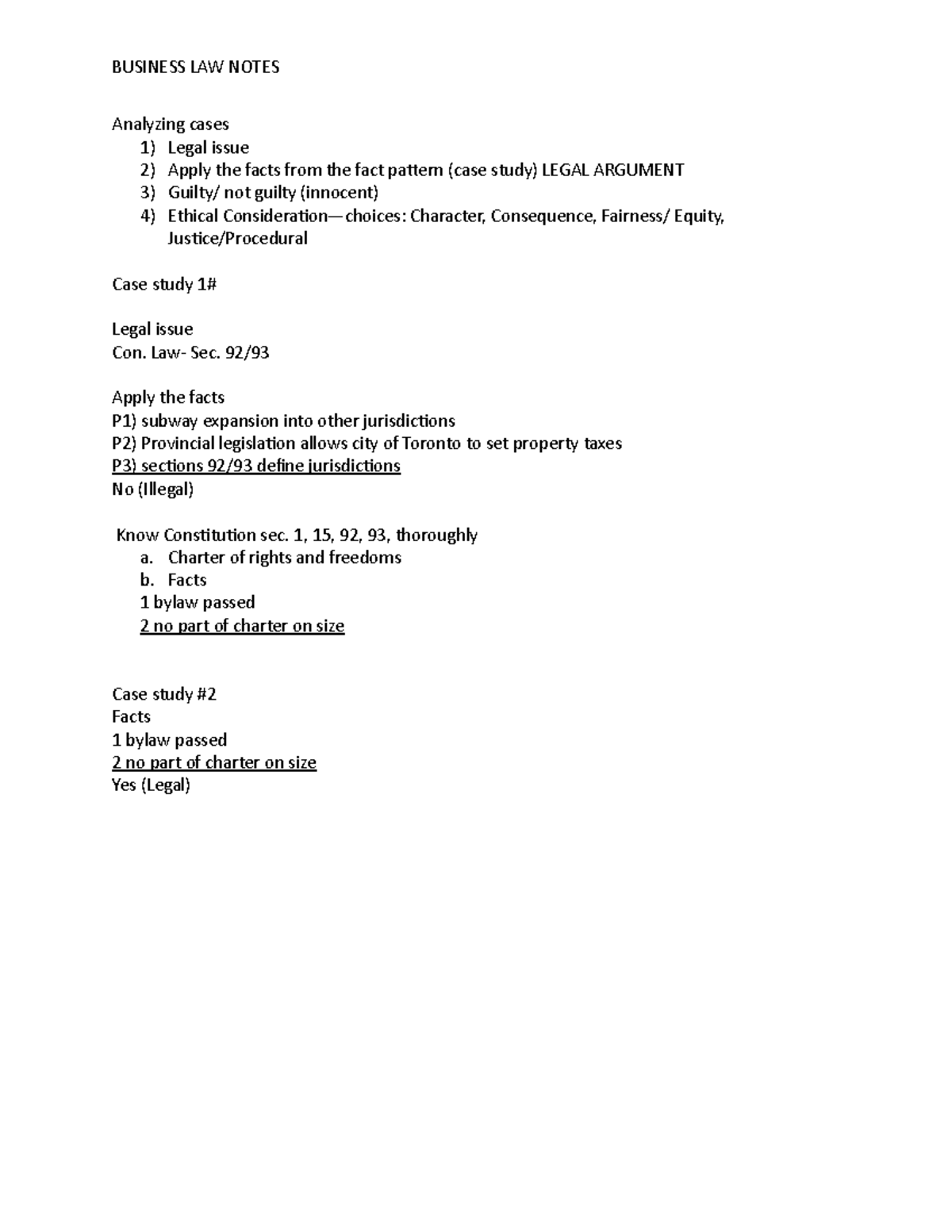 Business Law - Lecture notes 1-3 - BUSINESS LAW NOTES Analyzing cases 1 ...