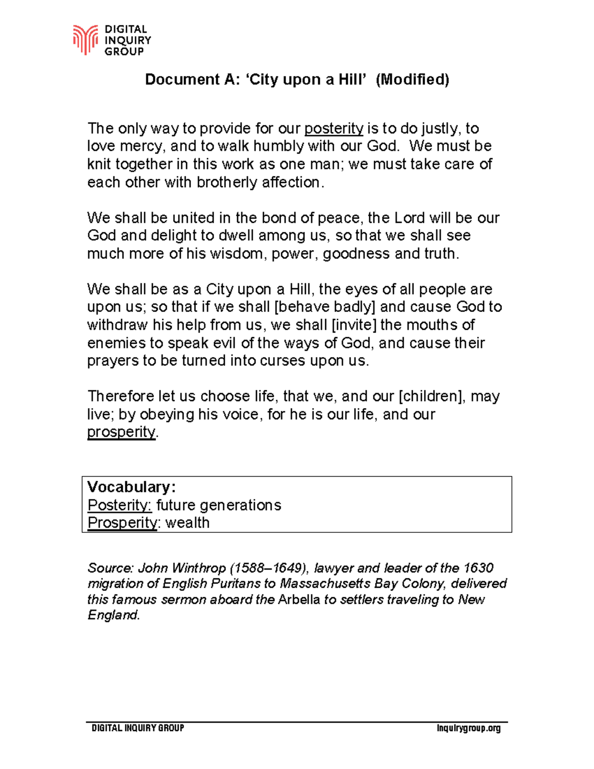Puritans Student Materials - Document A: ‘City upon a Hill’ (Modified ...