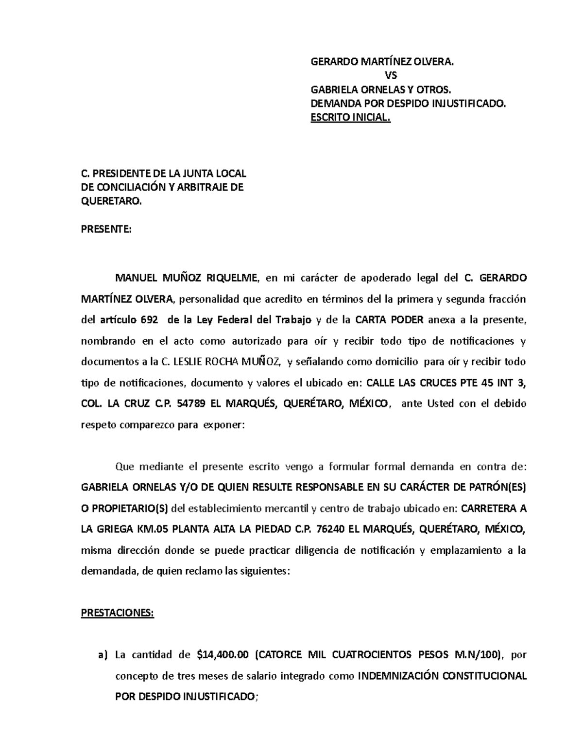Demanda Escrito Inicial, sesión 3 - GERARDO MARTÍNEZ OLVERA. VS ...
