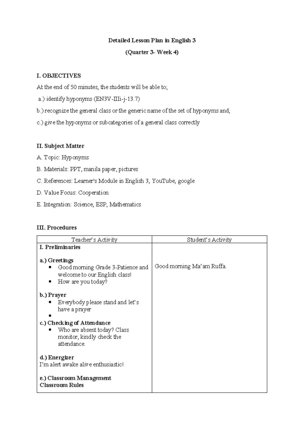 Hyponyms- Detailed Lesson Plan in English 3- Summary - Detailed Lesson ...