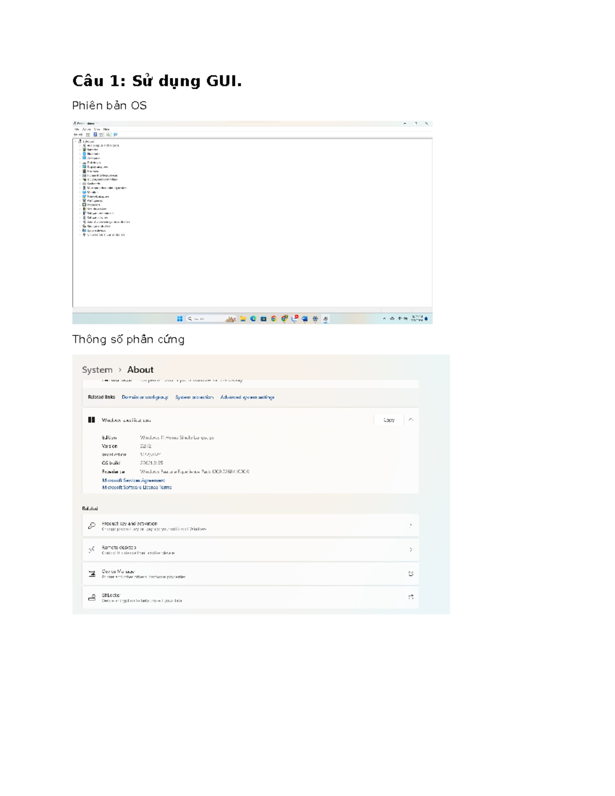 LAB1 - lab1 - Câu 1: Sử dụng GUI. Phiên bản OS Thông số phần cứng Tên máy tính Tạo shortcut trên ...
