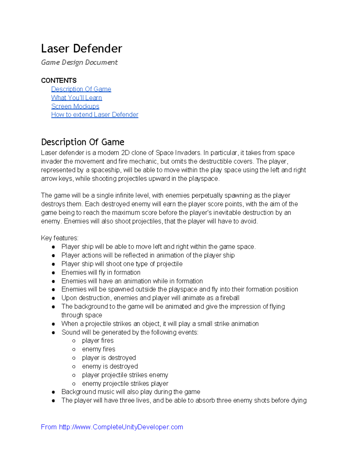 099 Game Design Document - Laser Defender Game Design Document CONTENTS ...