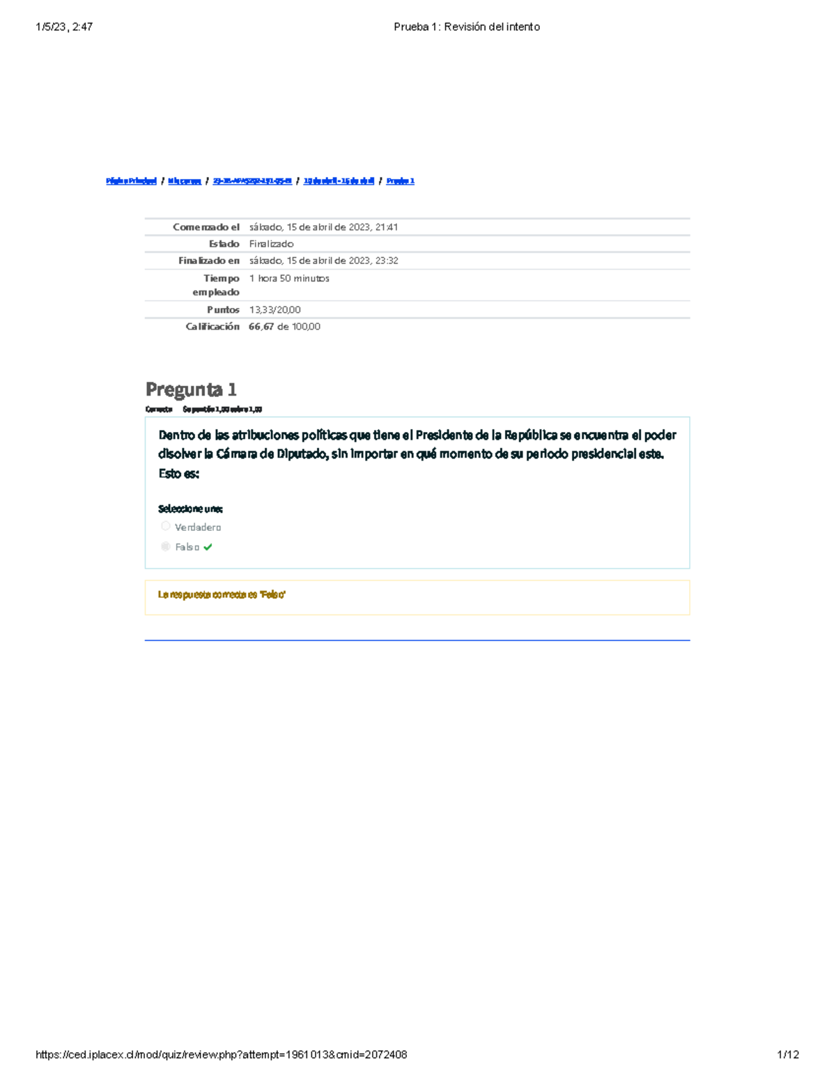 Prueba 1- Administracion Publica-15 DE Abril 2023 - Página Principal / Mis cursos / - Studocu