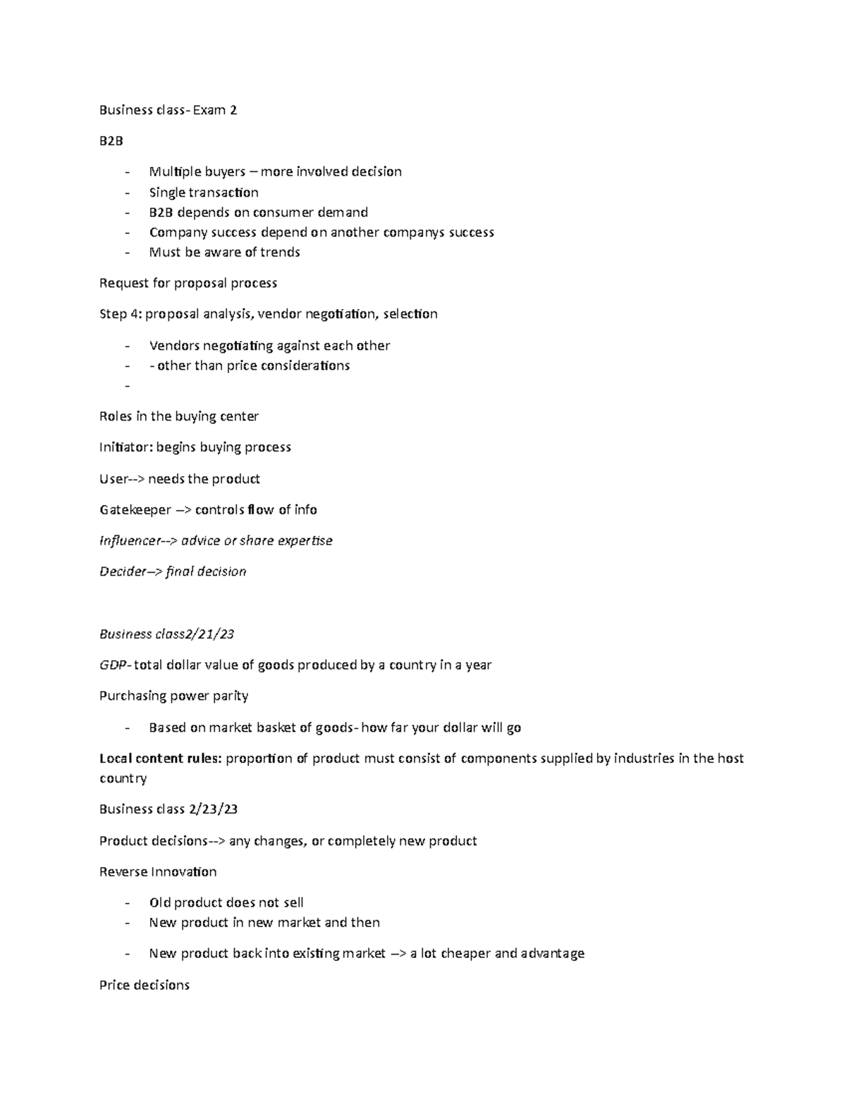 business class lecture notes - Business class- Exam 2 B2B - Multiple ...