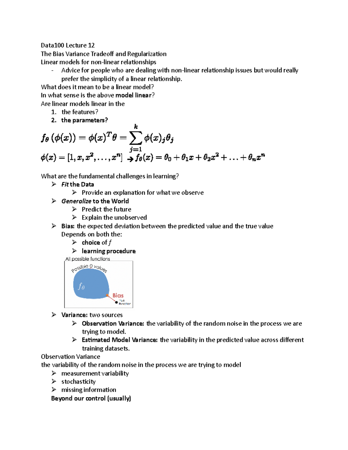 Lecture 12 - Josh Hug/ Fernando Perez - Data100 Lecture 12 The Bias Variance Tradeoff and - Studocu