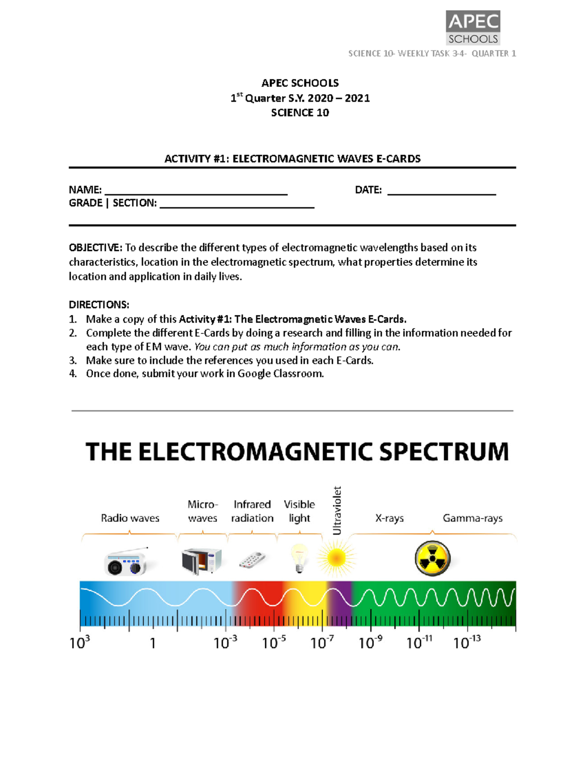 Activity#1 Science 10 Waves - APEC SCHOOLS 1 stQuarter S. 2020 – 2021 ...