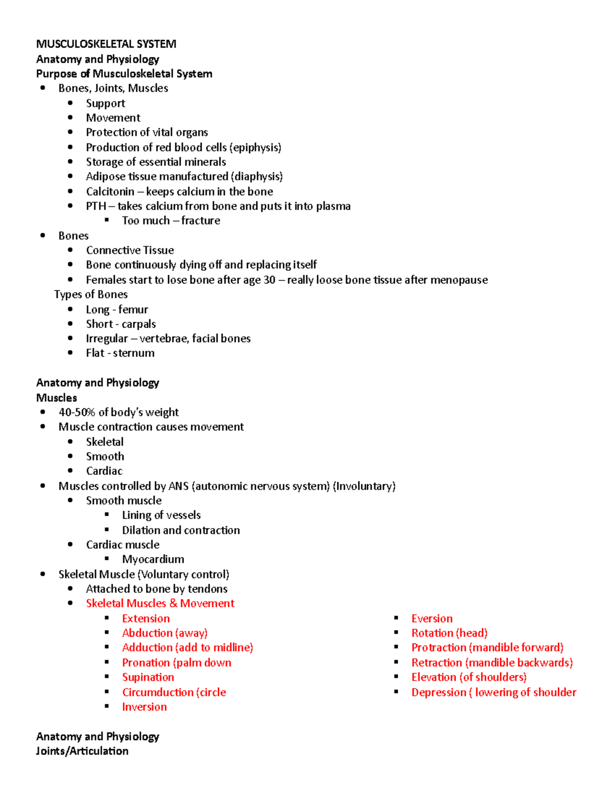 Musculoskeletal notes - MUSCULOSKELETAL SYSTEM Anatomy and Physiology ...
