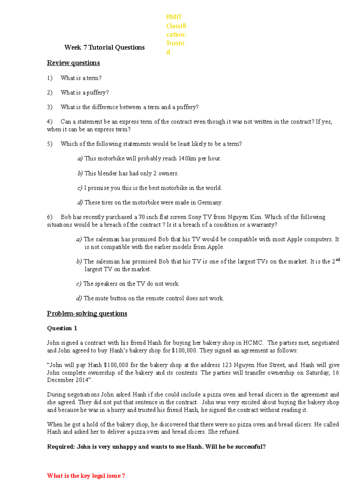 Week 7 Tutorial Questions - Week 7 Tutorial Questions Review questions What is a term? What is a ...