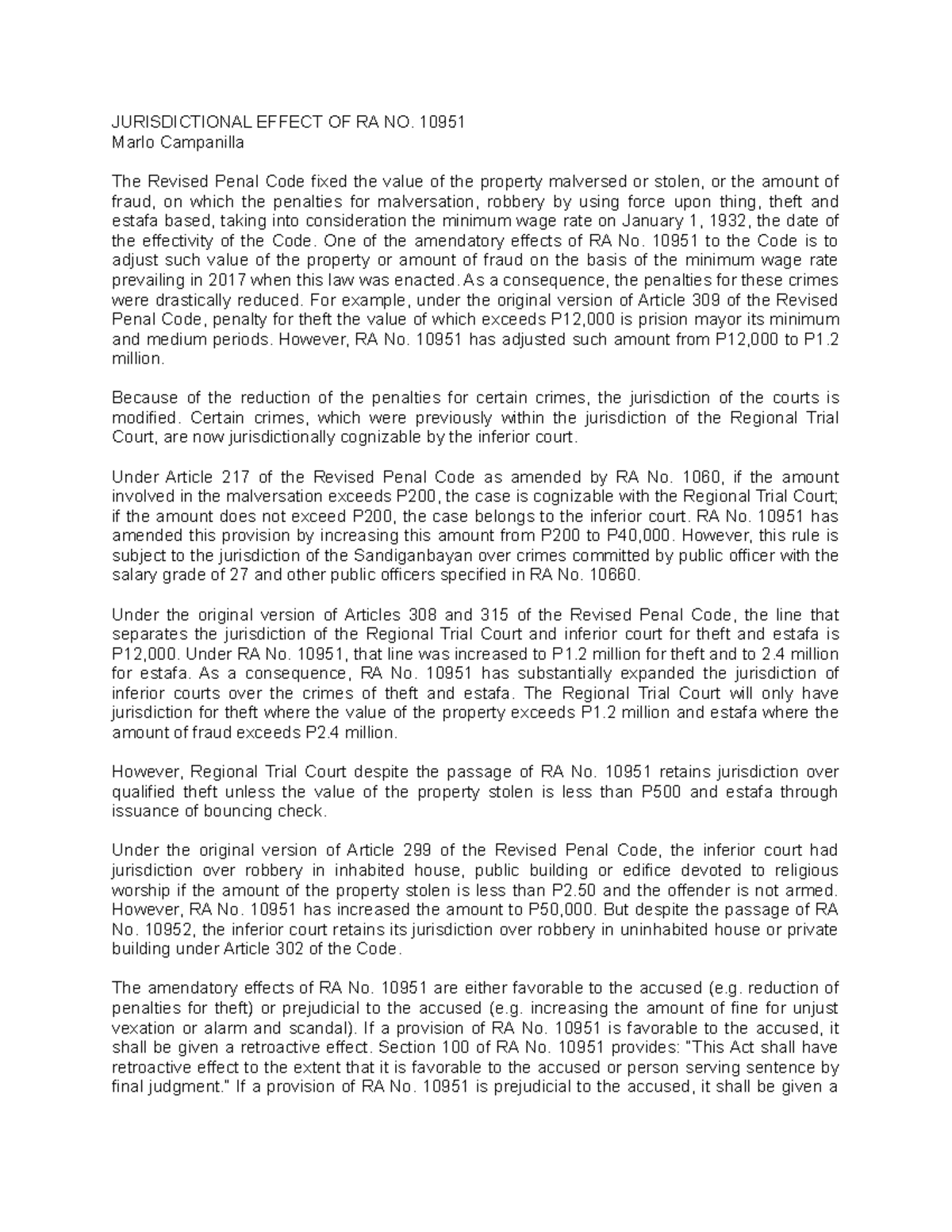 Jurisdictional Effect OF RA NO. 10951 - JURISDICTIONAL EFFECT OF RA NO ...