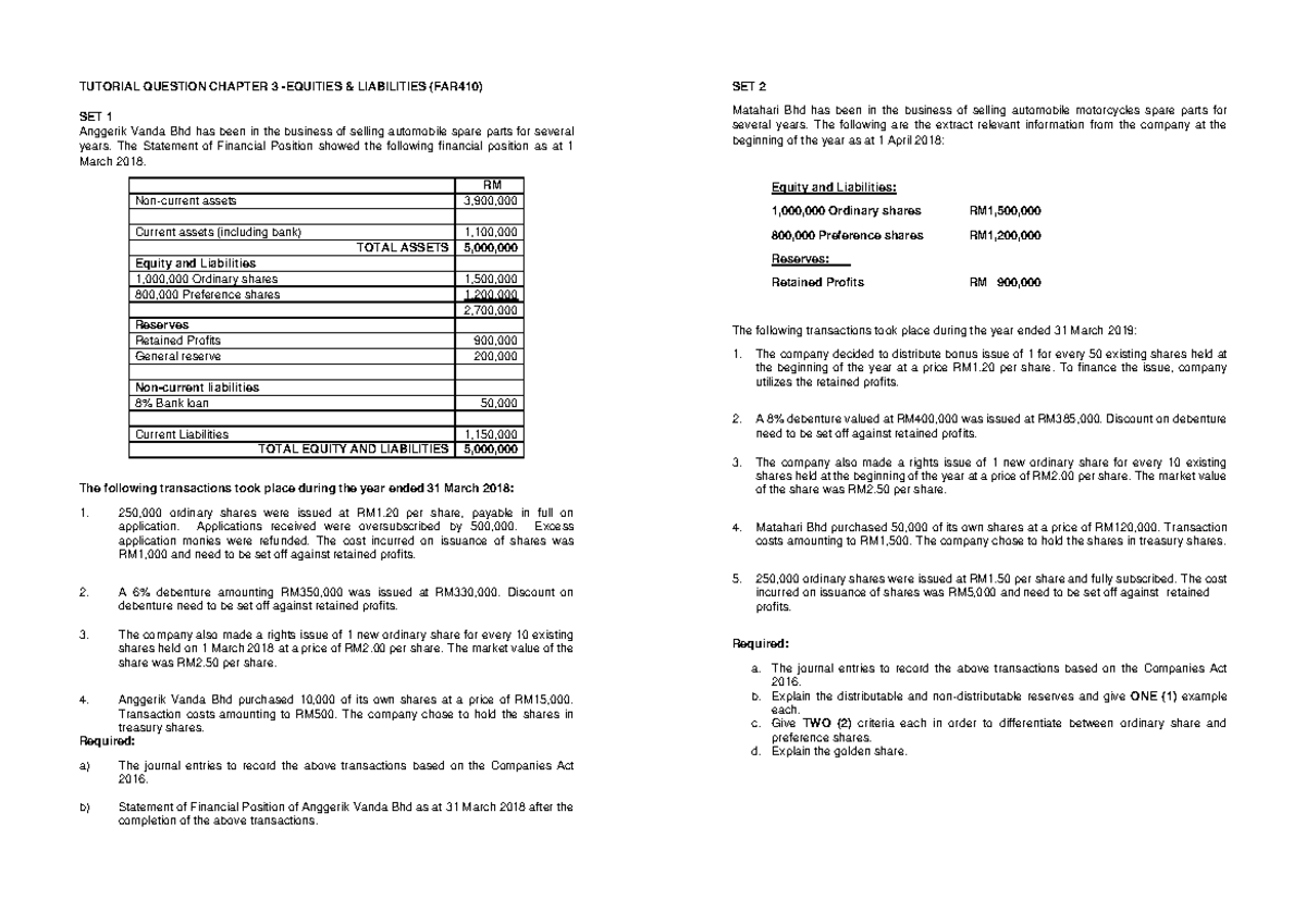 Tutorial Chapter 3 Question - TUTORIAL QUESTION CHAPTER 3 - EQUITIES & LIABILITIES (FAR410) SET ...