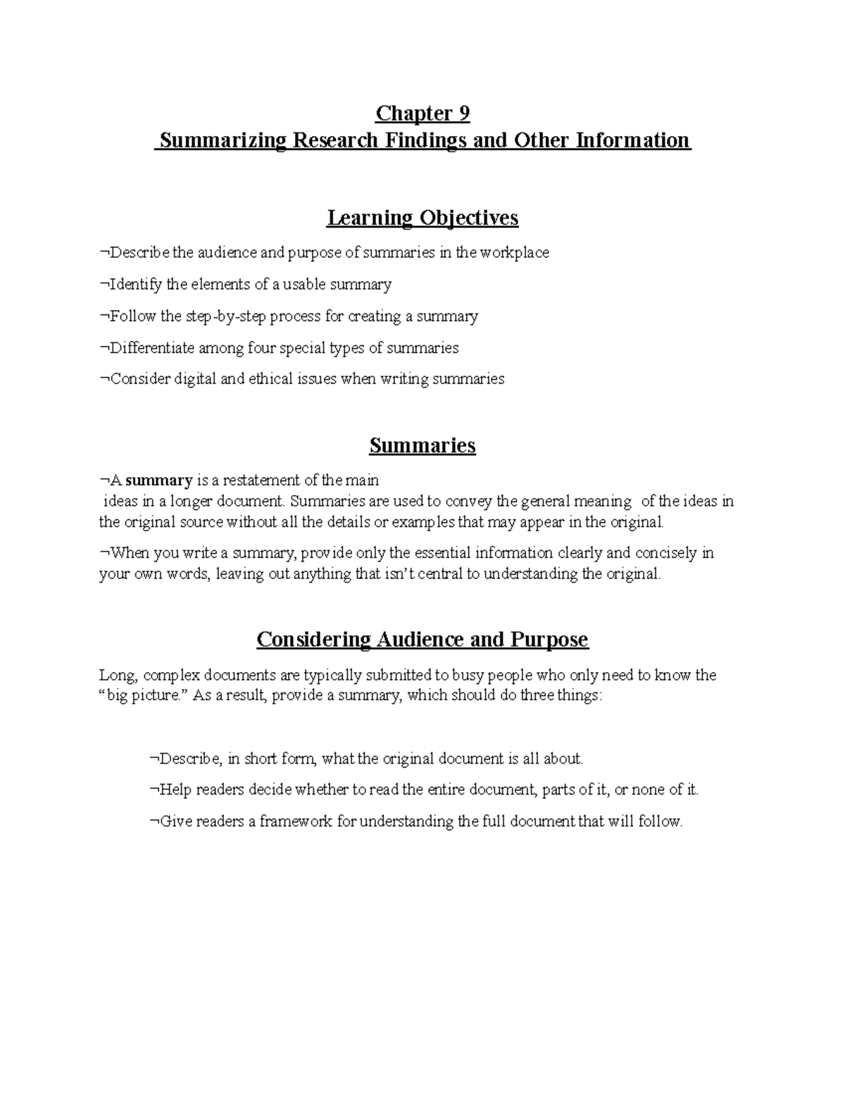 9 Notes - Chapter 9 Summarizing Research Findings and Other Information ...