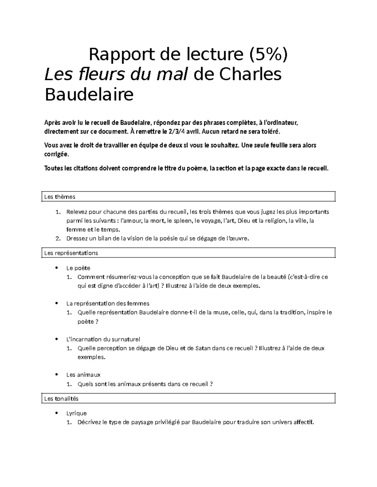 Rapport de lecture 5% Baudelaire V3 - Rapport de lecture (5%) Les ...