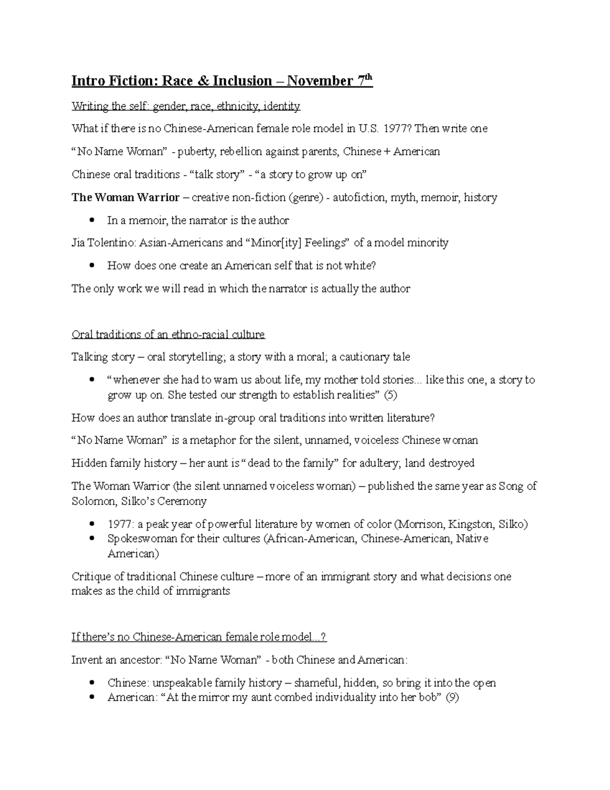 Intro Fiction Week 12 Notes - Intro Fiction: Race & Inclusion ...