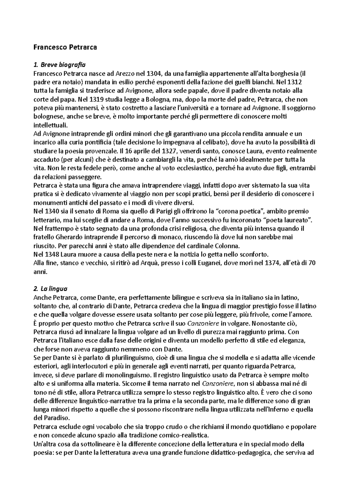 Francesco Petrarca - Breve biografia Francesco Petrarca nasce ad Arezzo ...