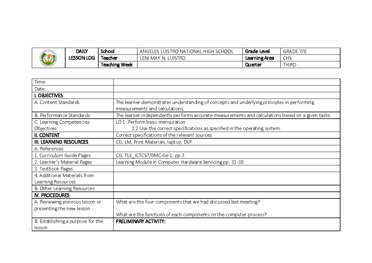DLL Entry CHS EXP LO 2 - N/A - DAILY LESSON LOG School ANGELES LUISTRO ...