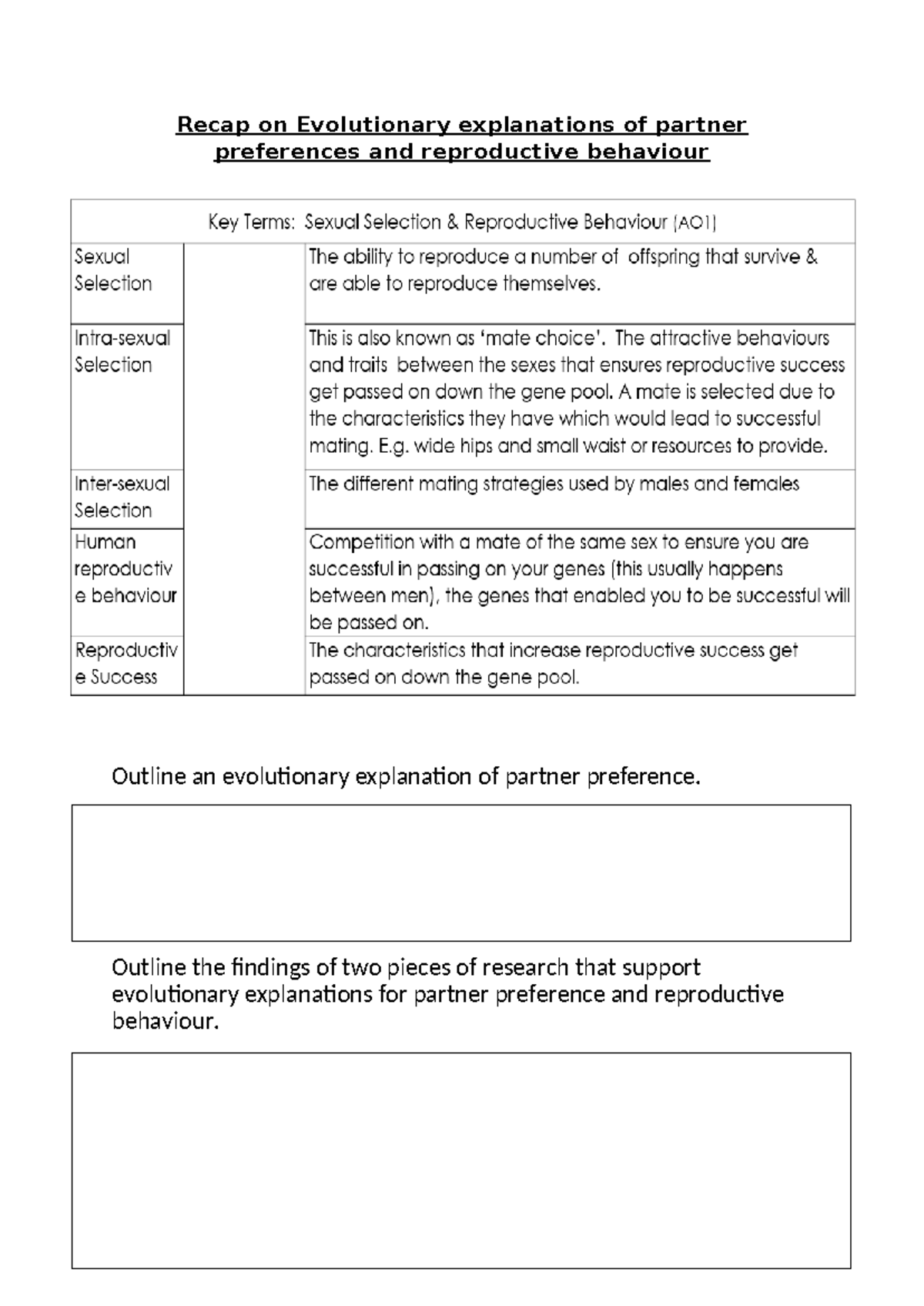 L1 part 2 REL sexual selection - Recap on Evolutionary explanations of ...