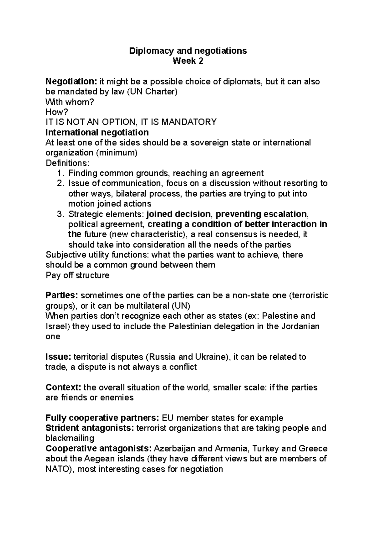 Diplomacy and negotiotion notes - Diplomacy and negotiations Week 2 ...
