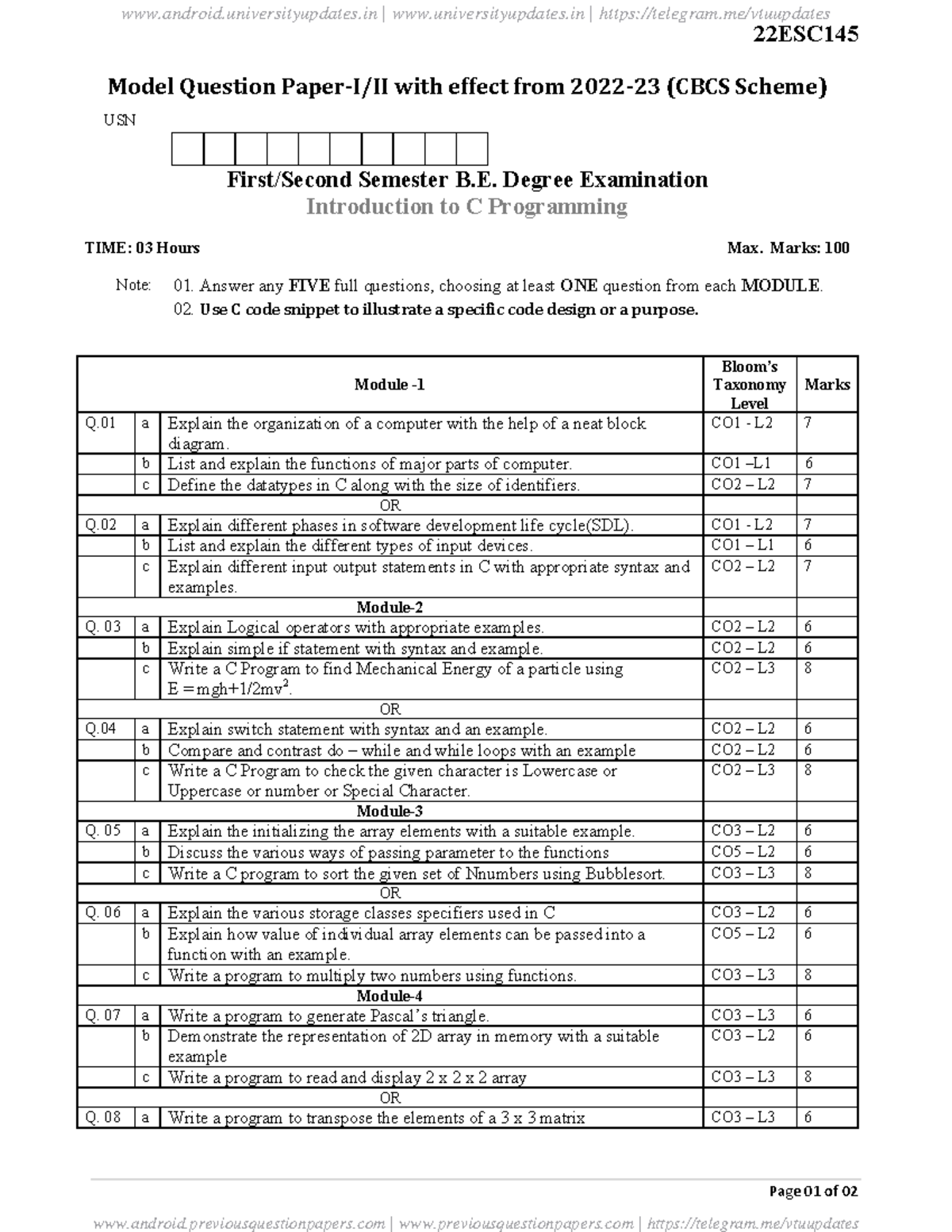 22ESC145set1 - Pratice - 22ESC Page 01 of 02 Model Question Paper-I/II ...