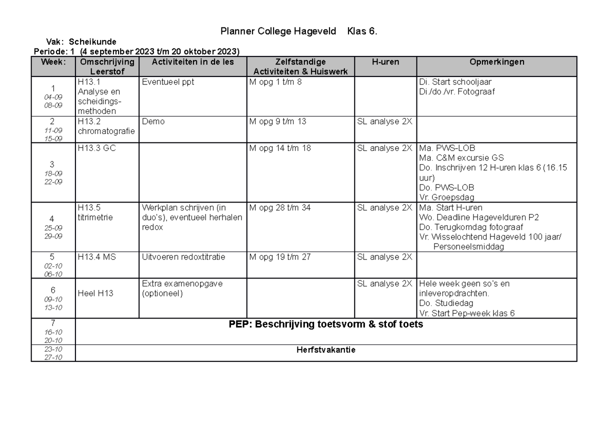 Planner 23-24 klas 6 periode 1 - Planner College Hageveld Klas 6. Vak ...