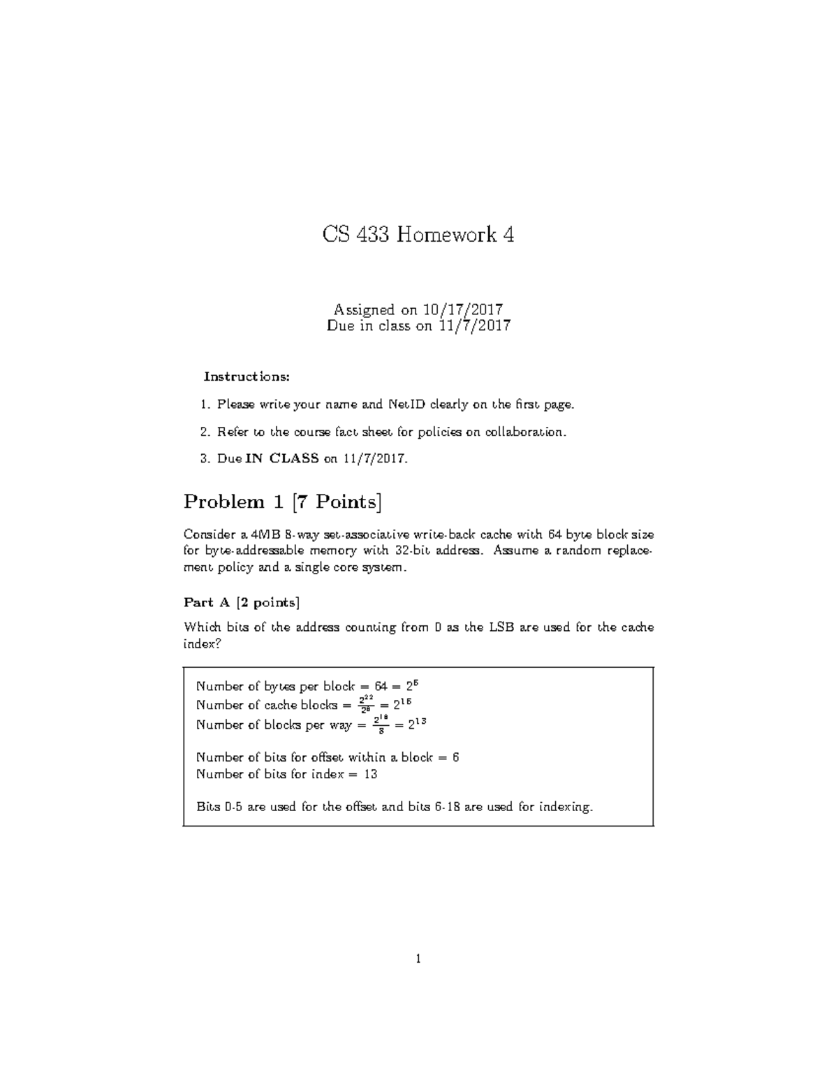 HW4 sol Illinois - lecutre note - CS 433 Homework 4 Assigned on 10/17/ Due in class on 11/7 ...