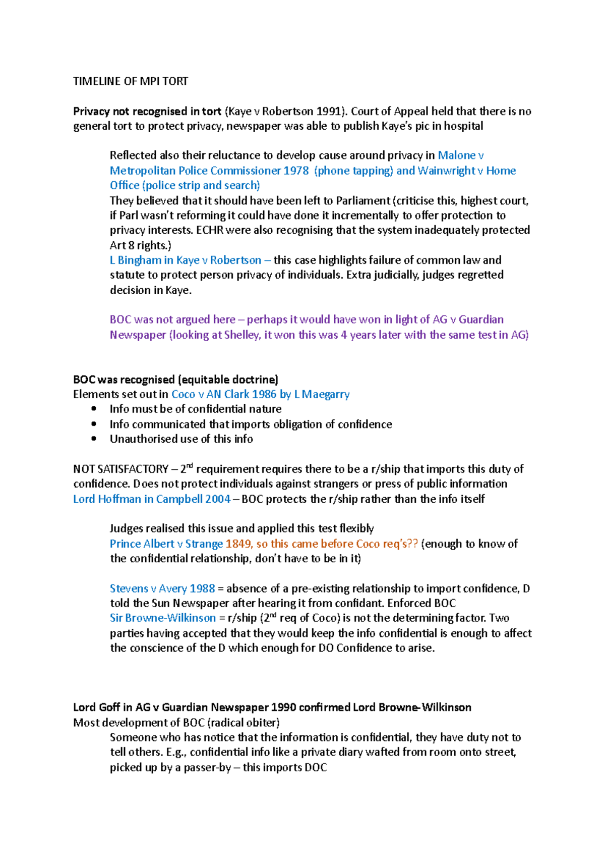 Timeline of MPI tort - TIMELINE OF MPI TORT Privacy not recognised in ...