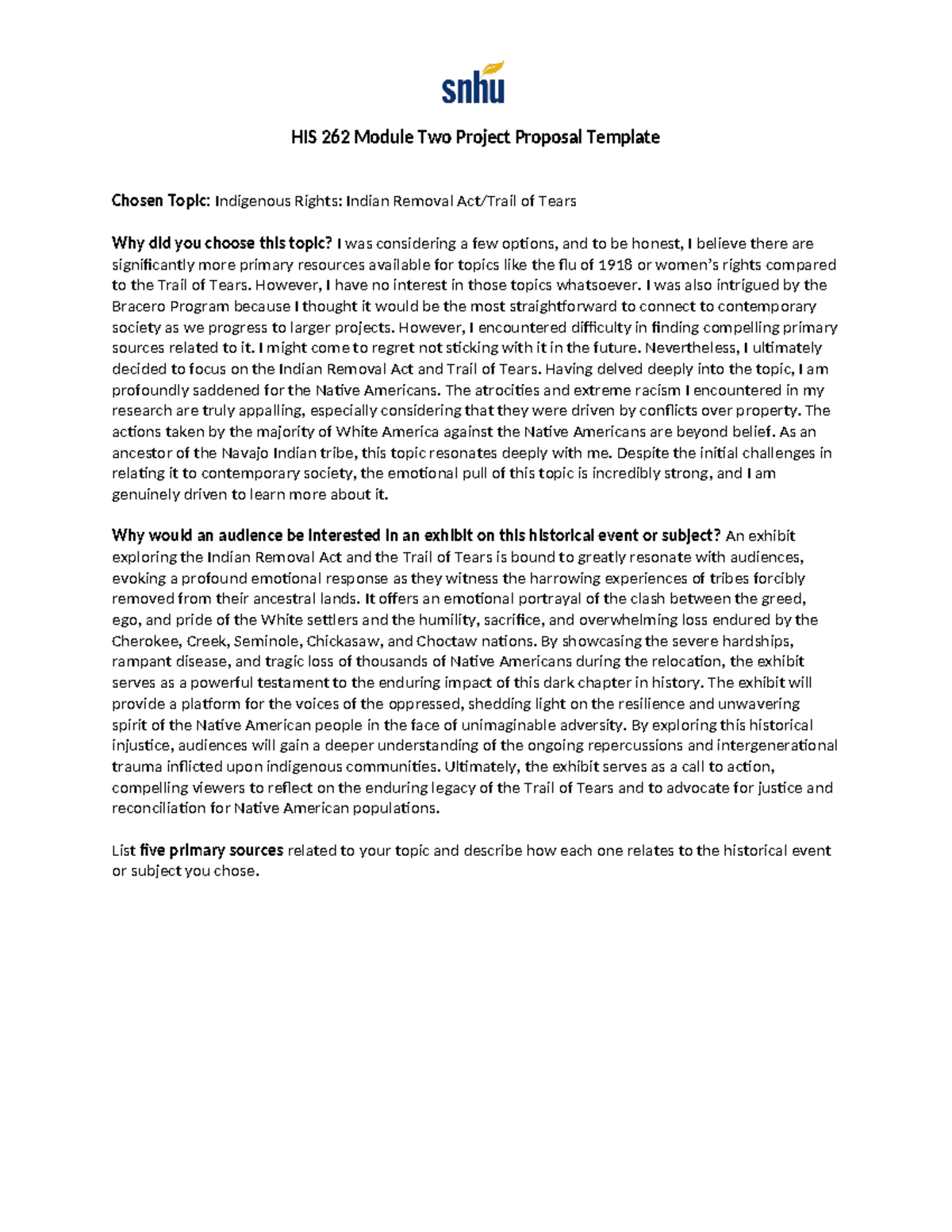 HIS 262 Module 2 Project Proposal Five Primary Sources, Date: 7/12/24 ...
