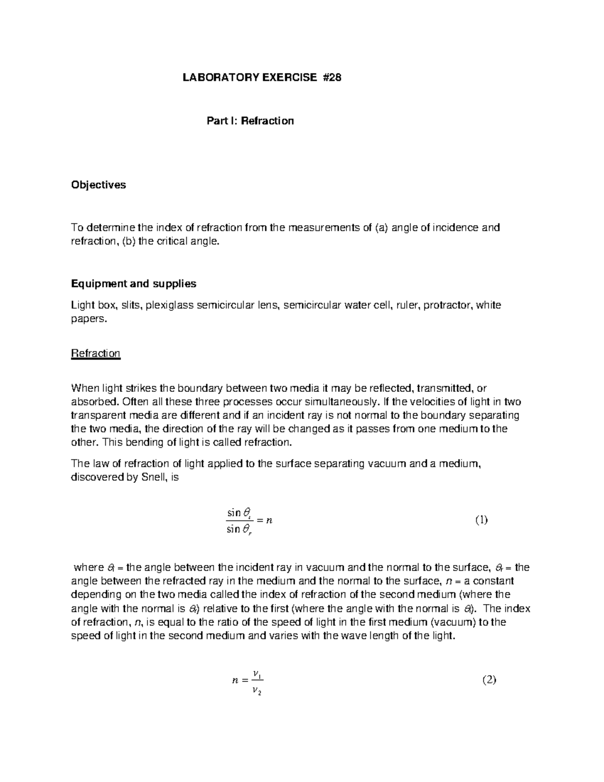 Lab 28 - Refraction - Focal Length - LABORATORY EXERCISE Part I ...