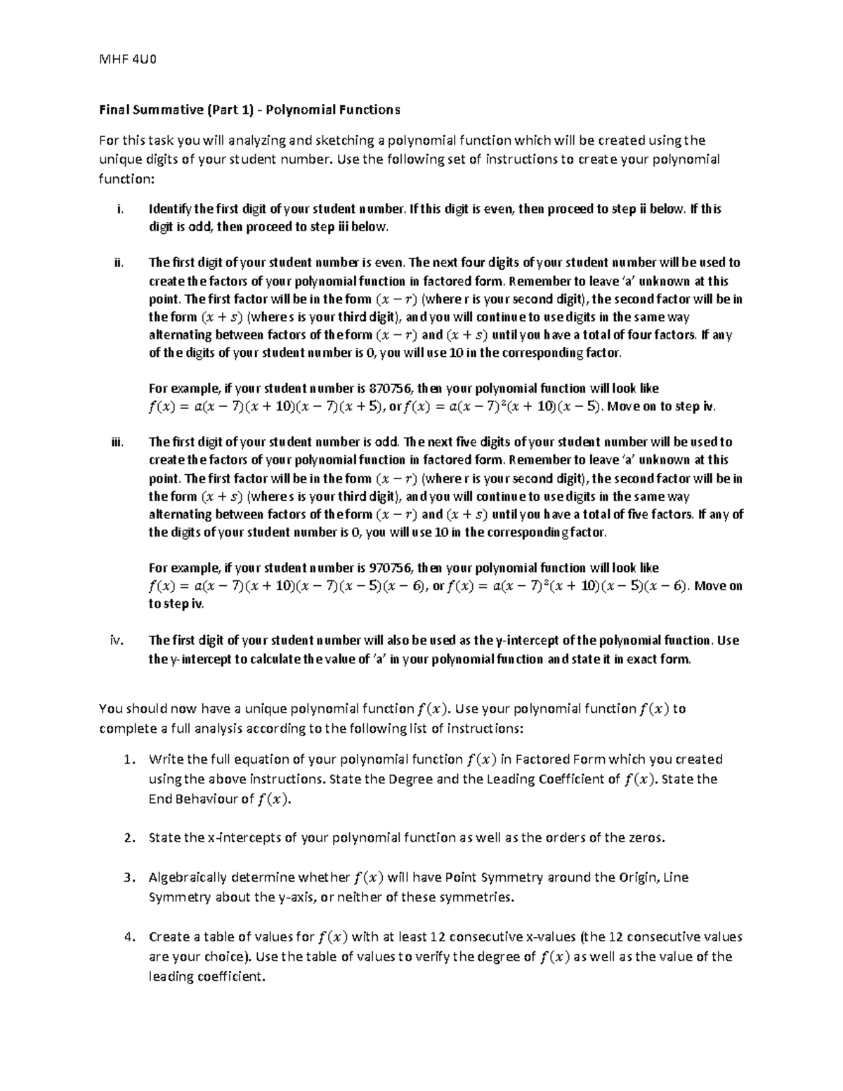 MHF Summative Part 1 - Polynomial Functions - MHF 4U Final Summative (Part 1) - Polynomial ...
