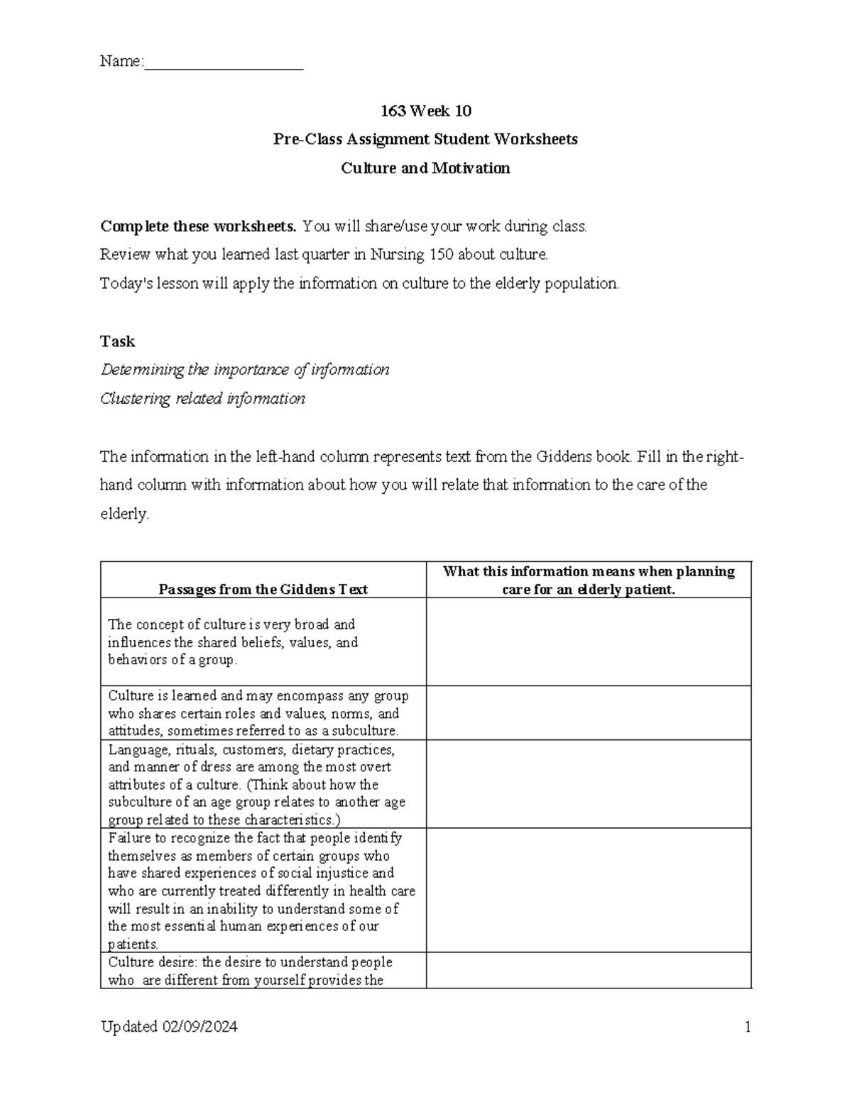 NUR 163 Week 10 Pre-Class Assignment - You will share/use your work ...