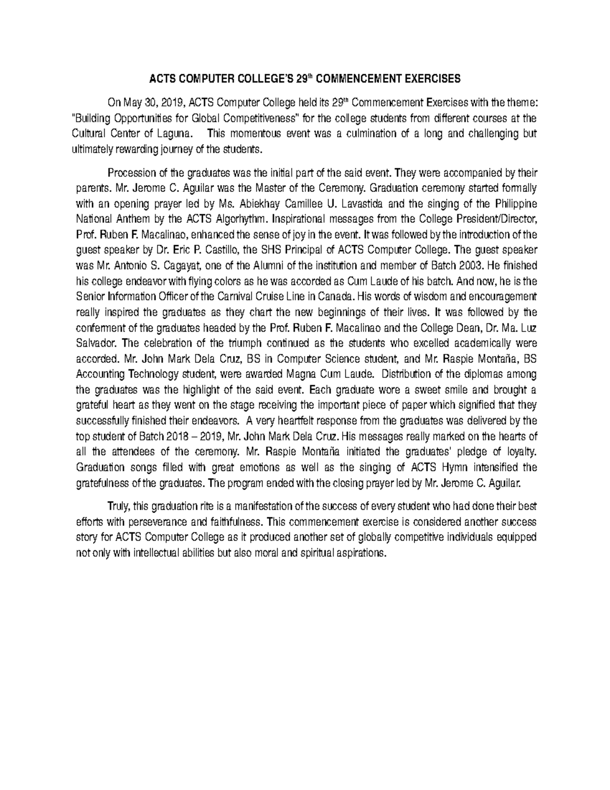 Graduation College edited - ACTS COMPUTER COLLEGE’S 29th COMMENCEMENT ...