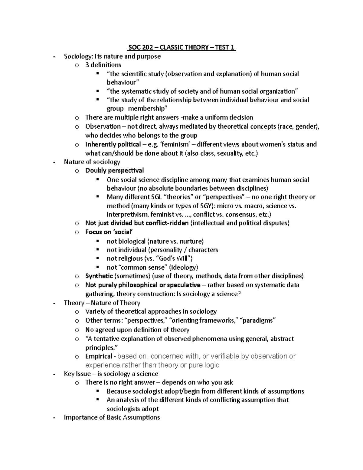 SOC 202 TEST 1 Notes - Noorin Manji class - SOC 202 – CLASSIC THEORY ...