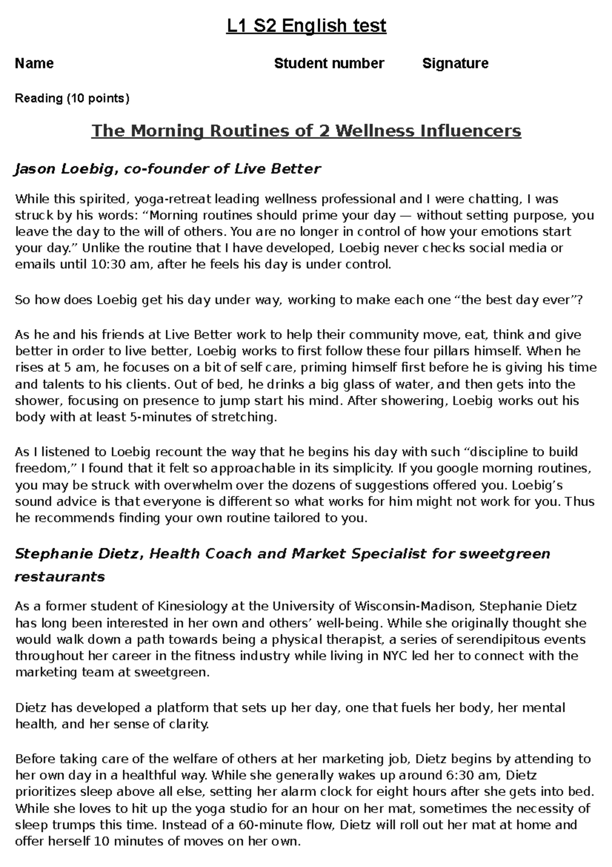 L1 S2 - Notes de cours - L1 S2 English test Name Student number ...