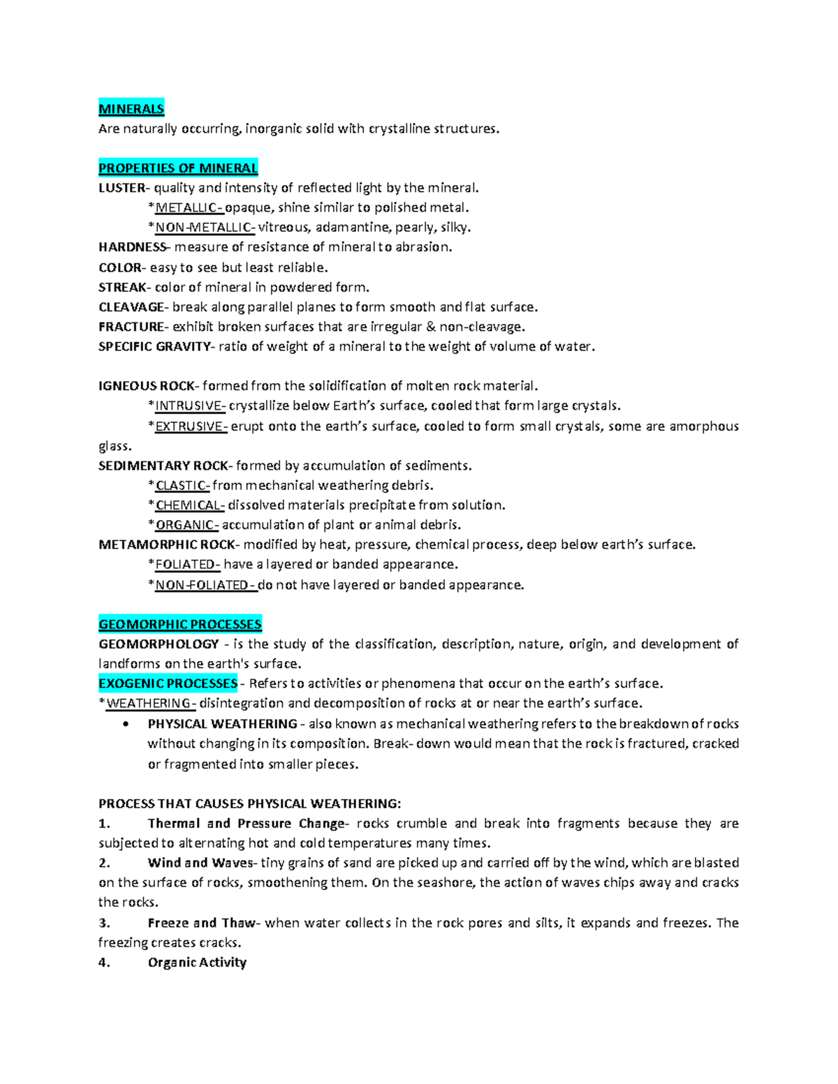 Minerals - Notes - MINERALS Are naturally occurring, inorganic solid ...