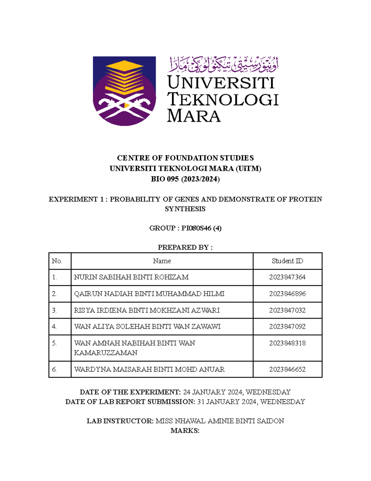 Bio exp 1 - lab practical 1 - CENTRE OF FOUNDATION STUDIES UNIVERSITI TEKNOLOGI MARA (UiTM) BIO ...