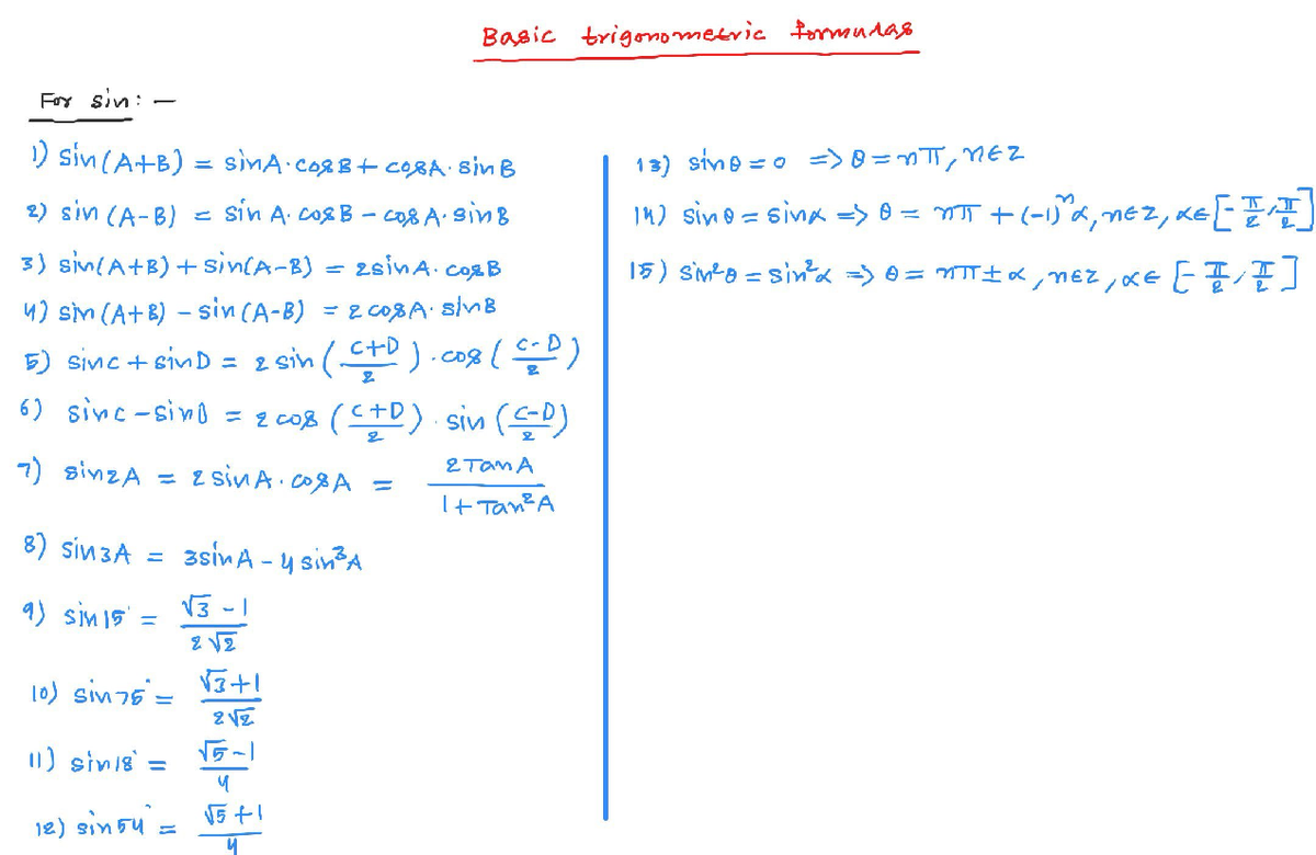 Formulas - Maths module - Basic trigonometric formuras For sin : - 1 ...