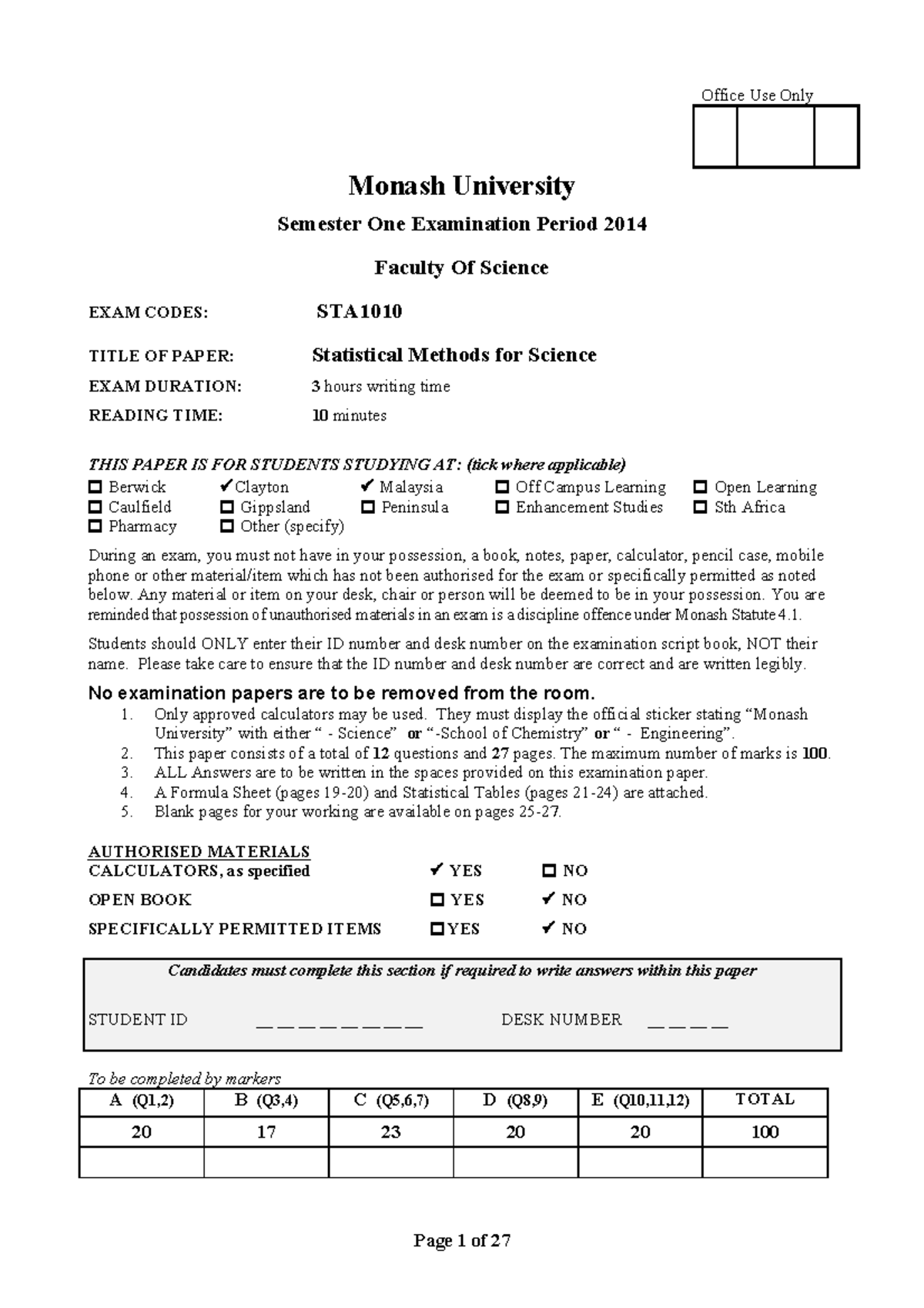 STA1010 Exam S1 2014 final - Office Use Only Monash University Semester ...