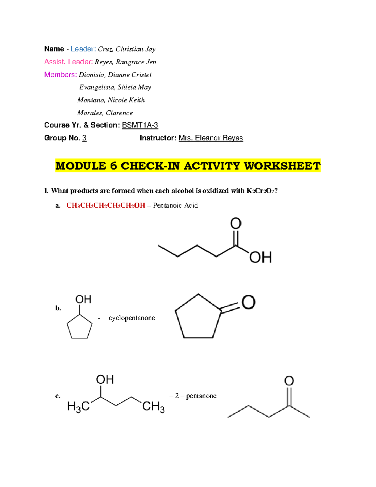 M6 Check IN Activity Organic Chemistry Lecture Group 3 - Name - Leader ...
