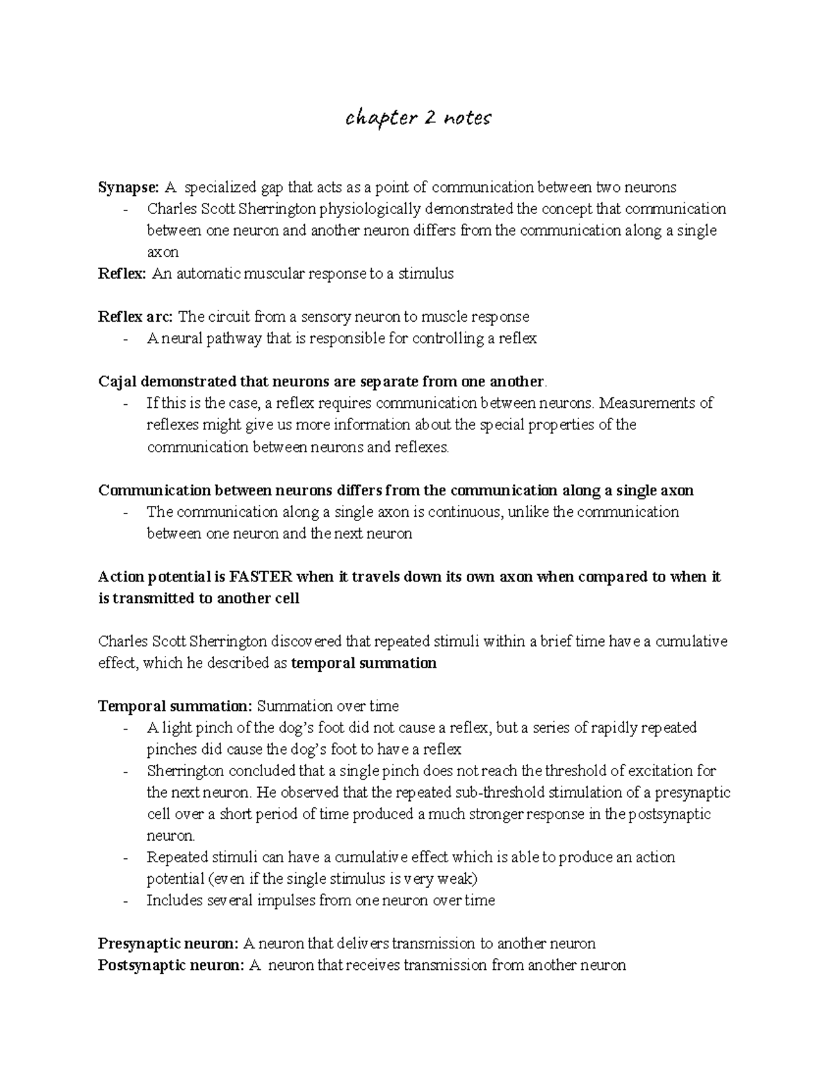 Chapter 2 Notes - cat 2 no Synapse: A specialized gap that acts as a ...
