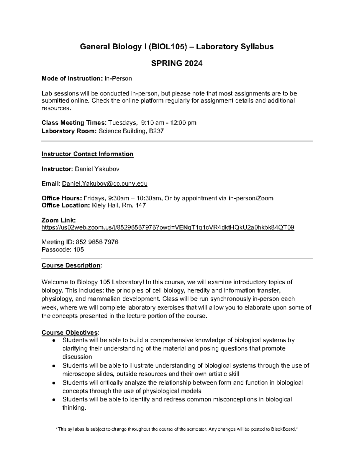 SP24 Lab Syllabus - General Biology I (BIOL105) – Laboratory Syllabus ...