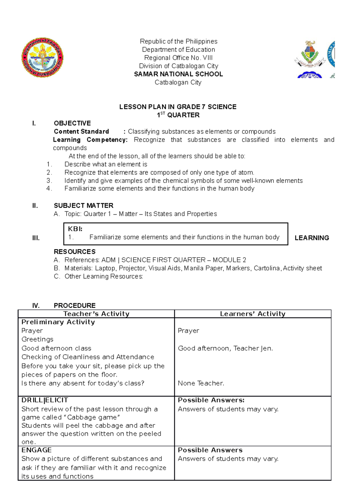 Elements - LP Grade 7 Matter - Republic of the Philippines Department ...