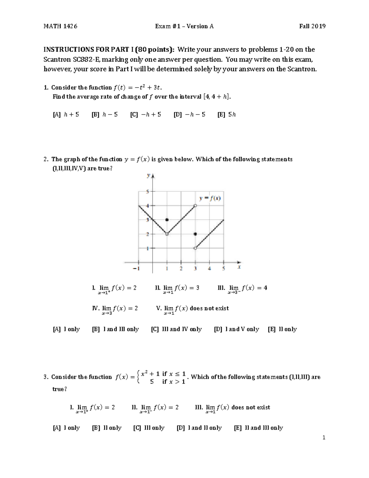 1426 Exam 1 Fall '19 Version A - INSTRUCTIONS FOR PART I (80 points ...