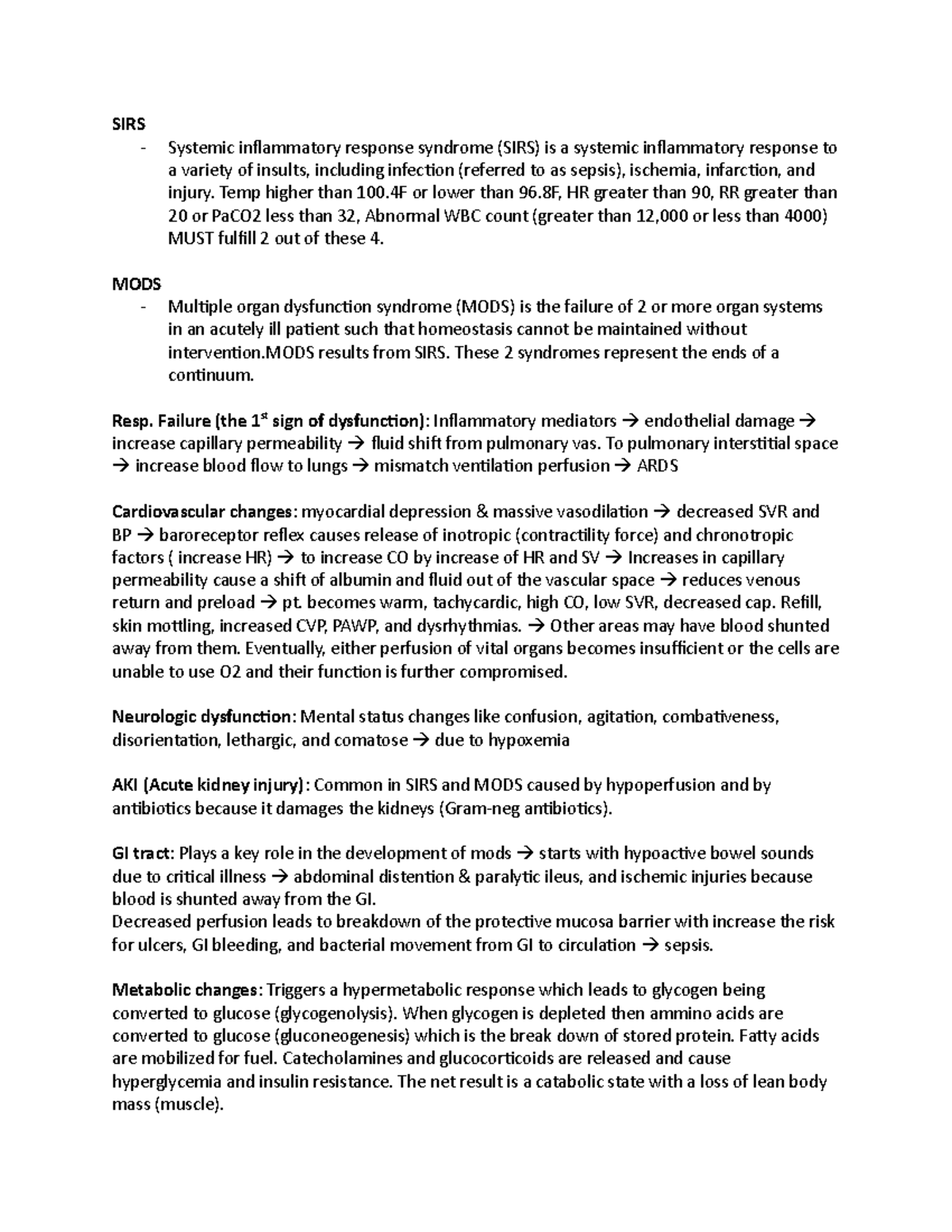 SIRS notes - SIRS Systemic inflammatory response syndrome (SIRS) is a ...
