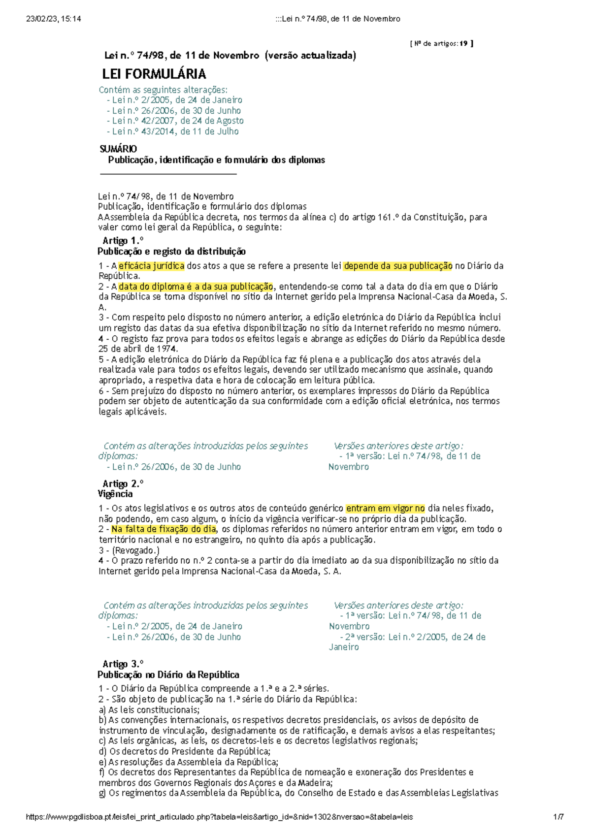 Lei n.º 74-98, de 11.11 (Lei Formulária) - [ Nº de artigos:19 ] Lei n.º ...