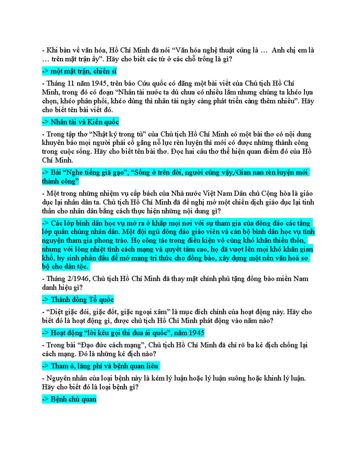 BT BUOI 5 - On tap TTHCM - Khi bàn về văn hóa, Hồ Chí Minh đã nói “Văn hóa nghệ thuật cũng là ...