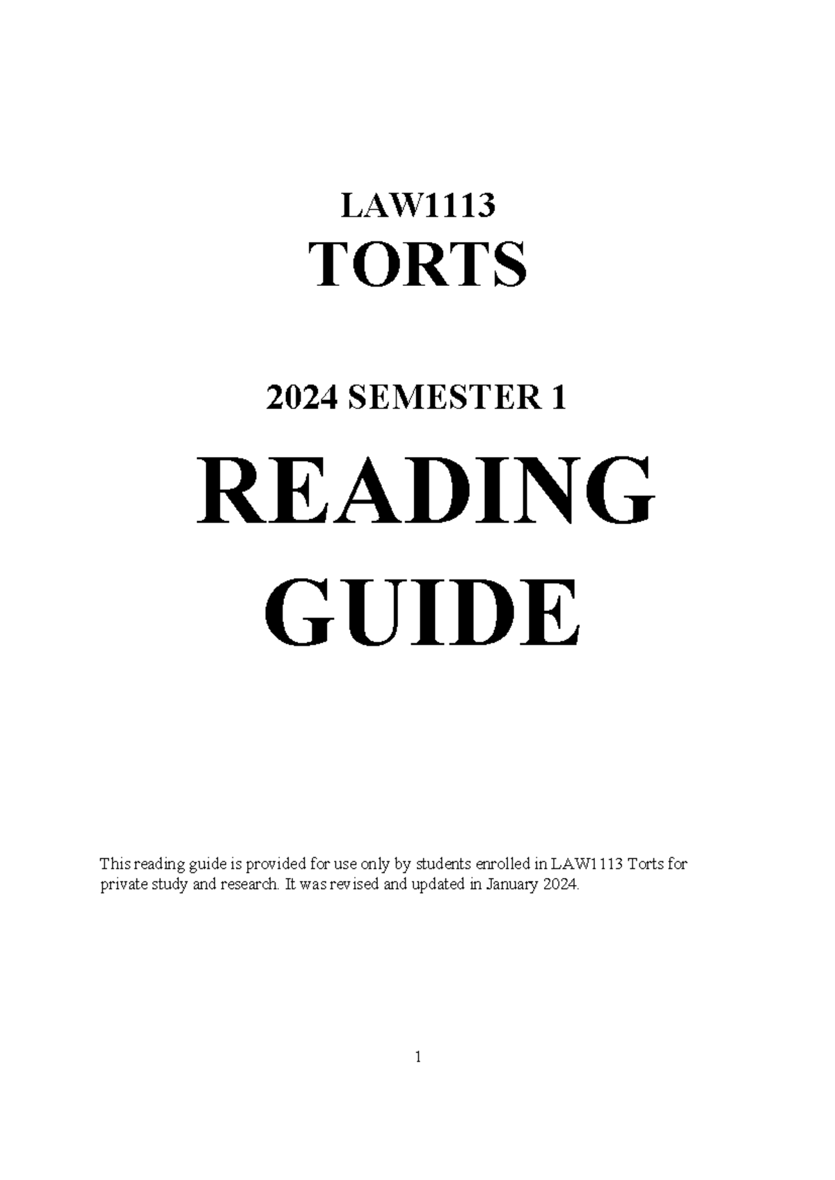 2024 S1 LAW1113 Torts Reading Guide - LAW TORTS 2024 SEMESTER 1 READING ...