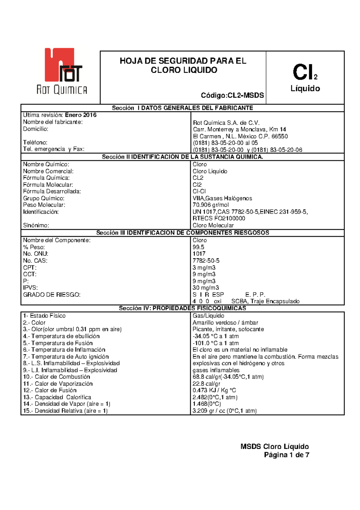 MSDS Cloro Liquido Pagina 1 de 7 HOJA DE - MSDS Cloro Líquido HOJA DE ...